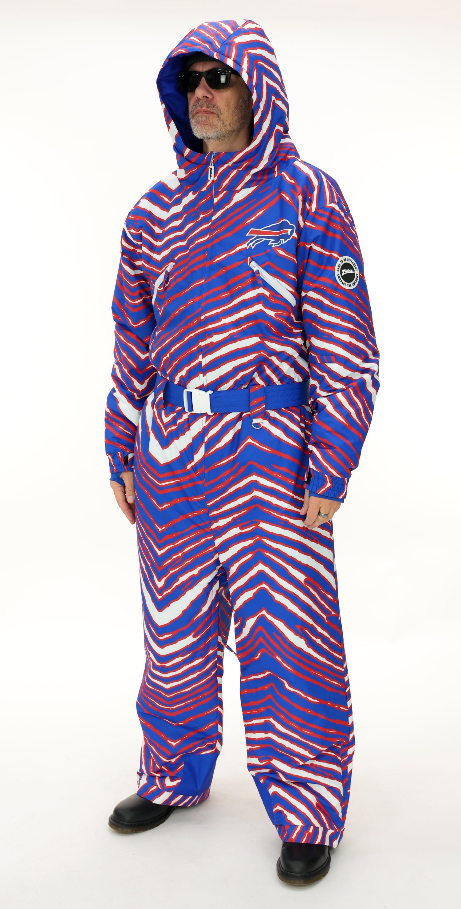 Zubaz NFL Adult Unisex Zebra Team Color Tundra Tux Snowsuit, Buffalo B