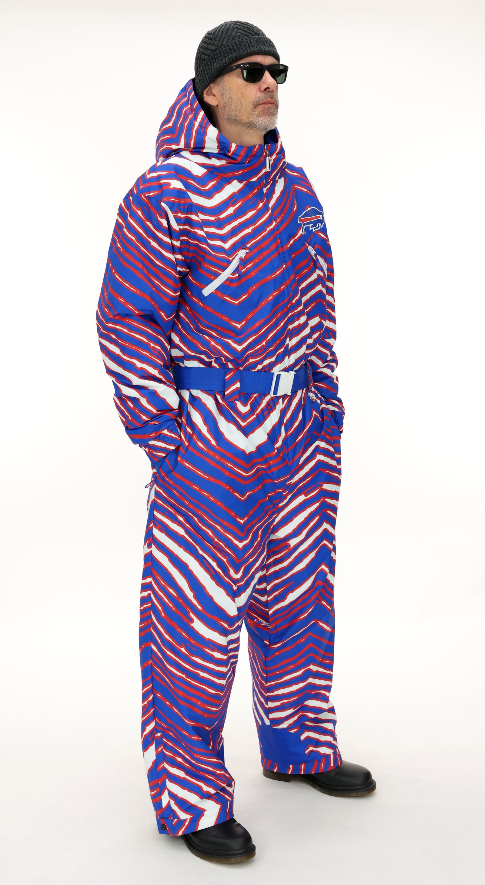 Zubaz NFL Adult Unisex Zebra Team Color Tundra Tux Snowsuit, Buffalo B