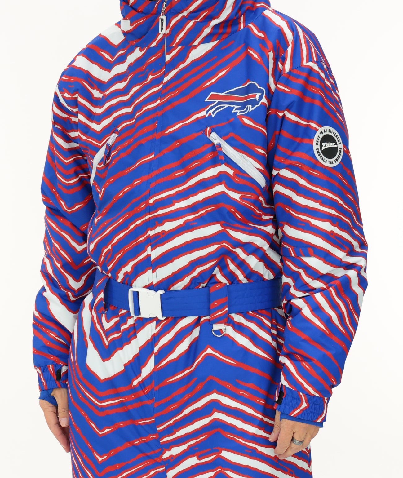 Zubaz NFL Adult Unisex Zebra Team Color Tundra Tux Snowsuit, Buffalo B