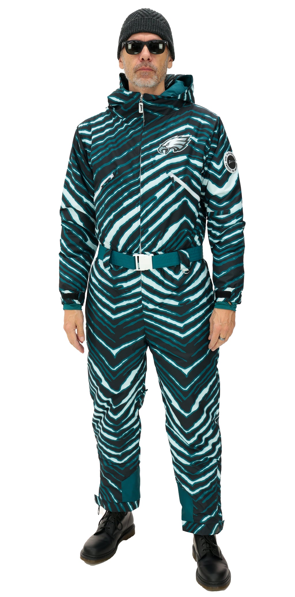 Zubaz NFL Adult Unisex Zebra Team Color Tundra Tux Snowsuit, Philadelp